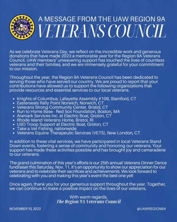 A Message from the UAW Region 9A Veterans Council | UAW Local 2325